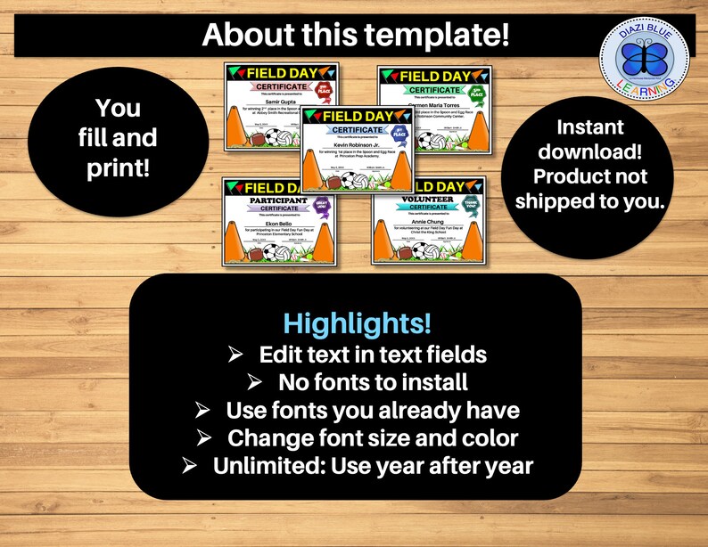 Field Day Award Set #2, Editable Field Day Certificate PDF, Field Day ...