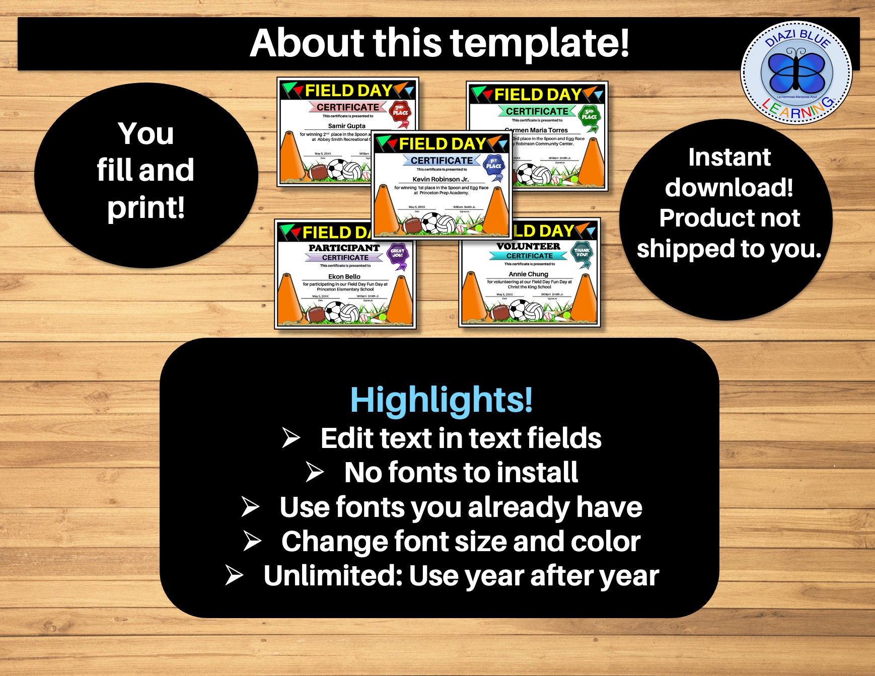 Field Day Award Set #2, Editable Field Day Certificate PDF, Field Day ...