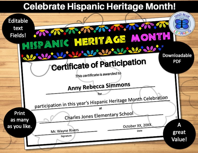 Hispanic Heritage Month Certificate of Participation W/ Bonus ...