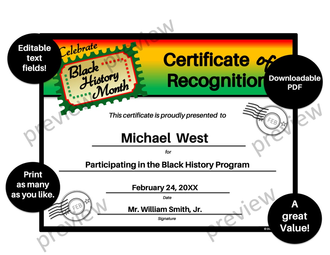 Black History Month Certificate of Recognition, Editable Black History ...