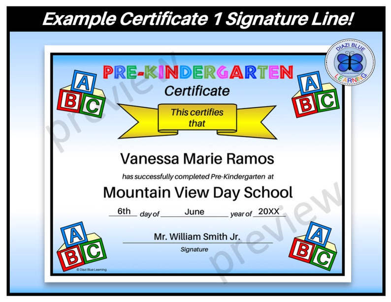 Pre-k Graduation Certificates 1 and 2 Signature Versions, Fillable Pre ...