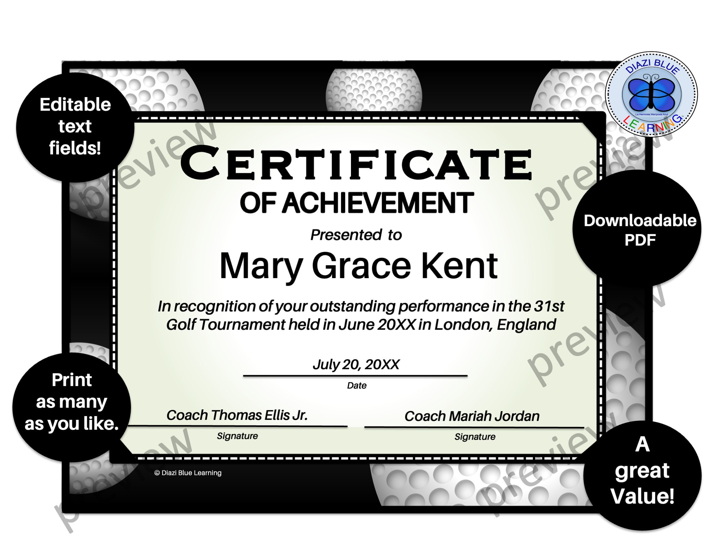 Editable Golf Certificate, Golf Certificate With 1 or 2 Signature Line ...