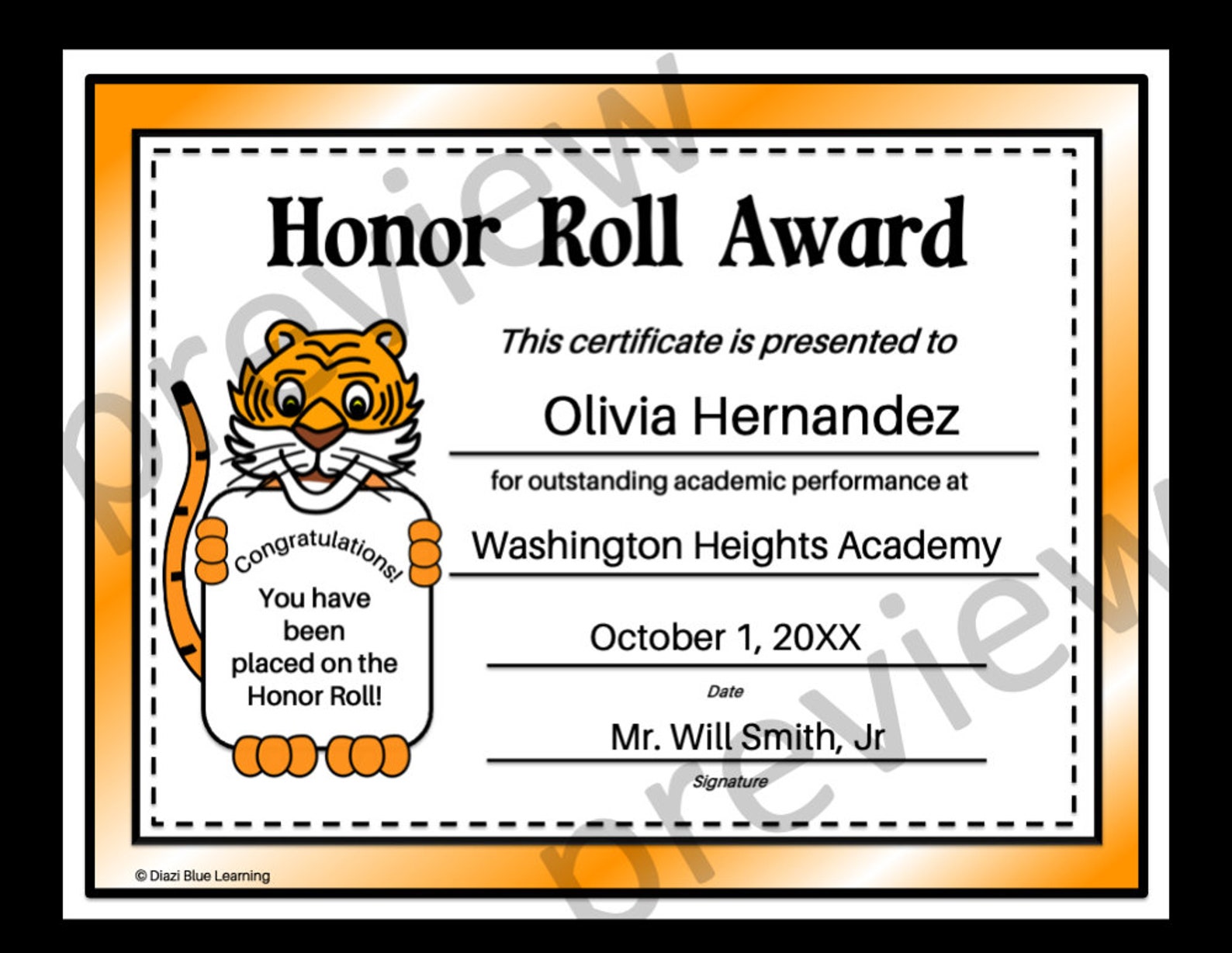 Tiger Honor Roll Certificates, 7 Pack Honor Roll Certificates, Tiger ...