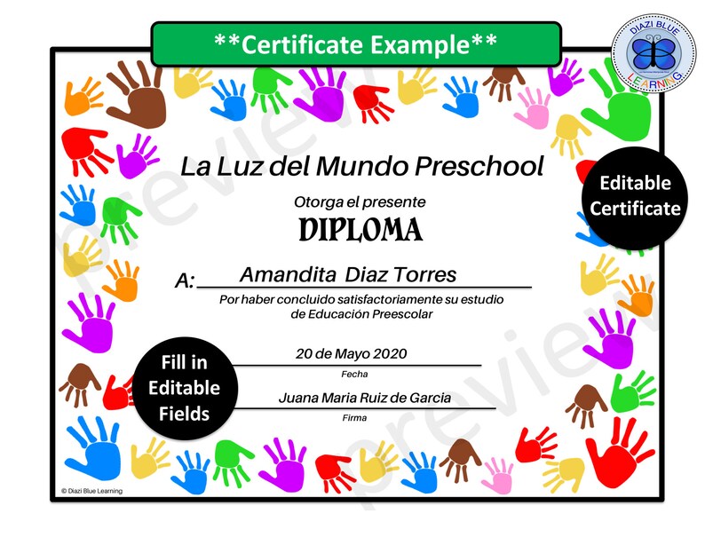 Spanish Preschool Diploma, Diploma Preescolar, Printable Spanish ...