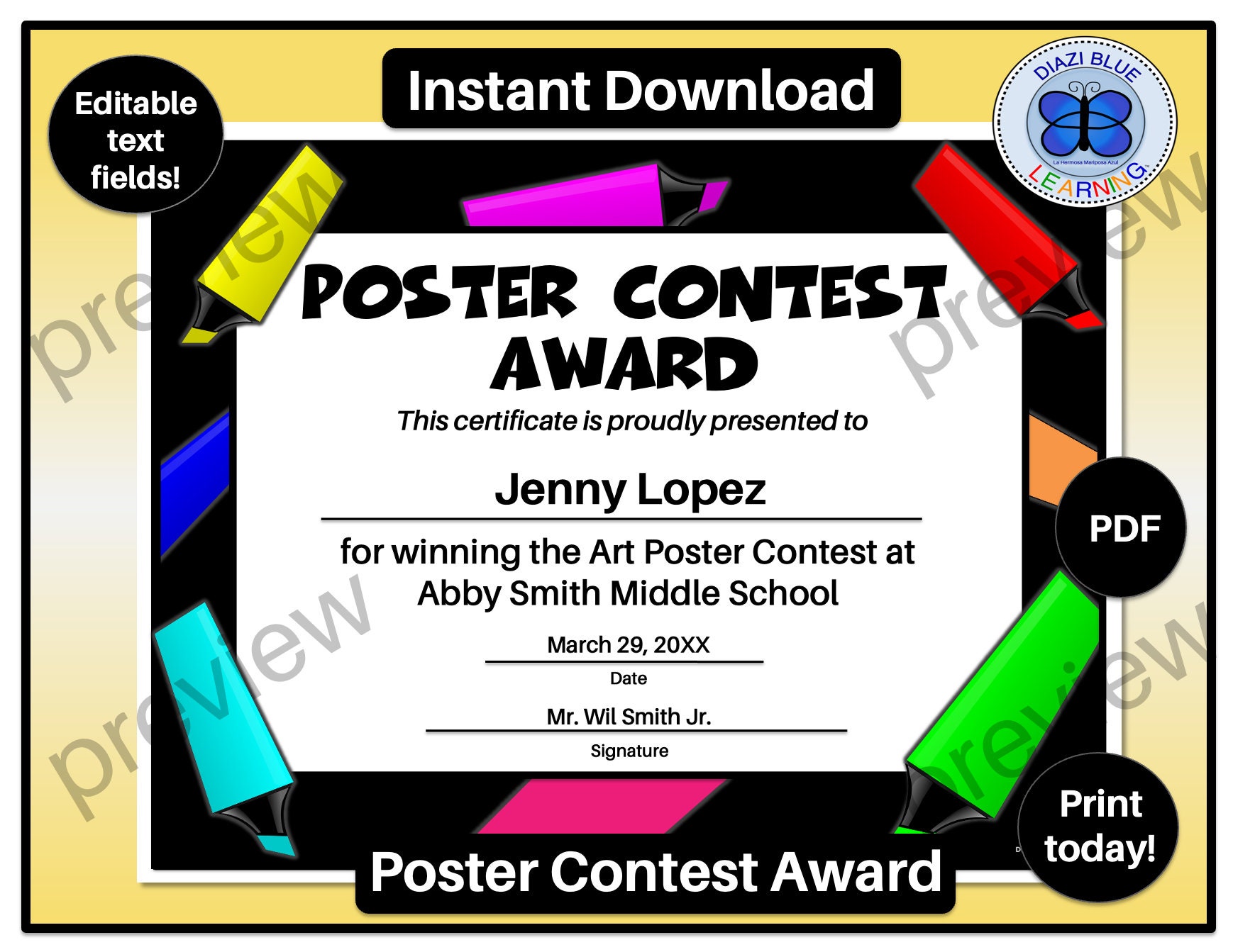 Poster Contest Award, Editable Poster Contest Certificate, PDF Poster ...