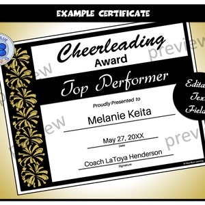 Black and Gold Cheerleading Certificates Cheerleading Awards - Etsy