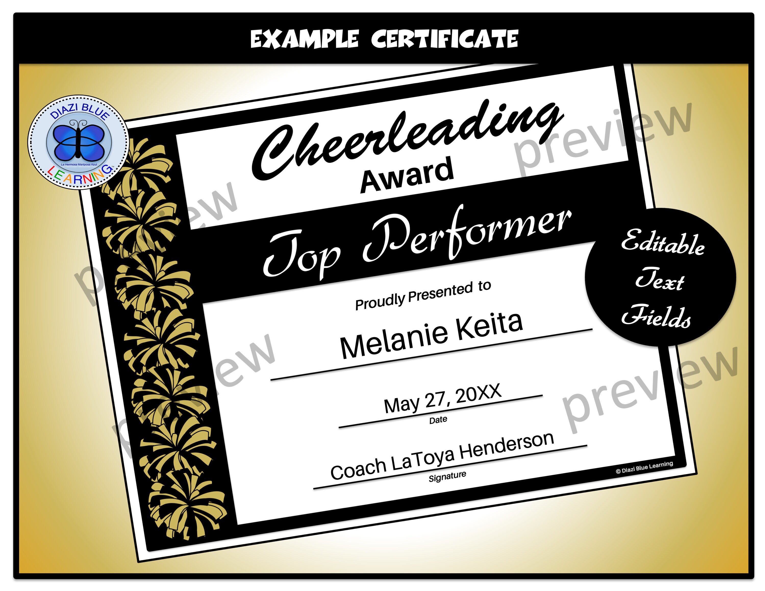 Black and Gold Cheerleading Certificates, Cheerleading Awards, Editable ...