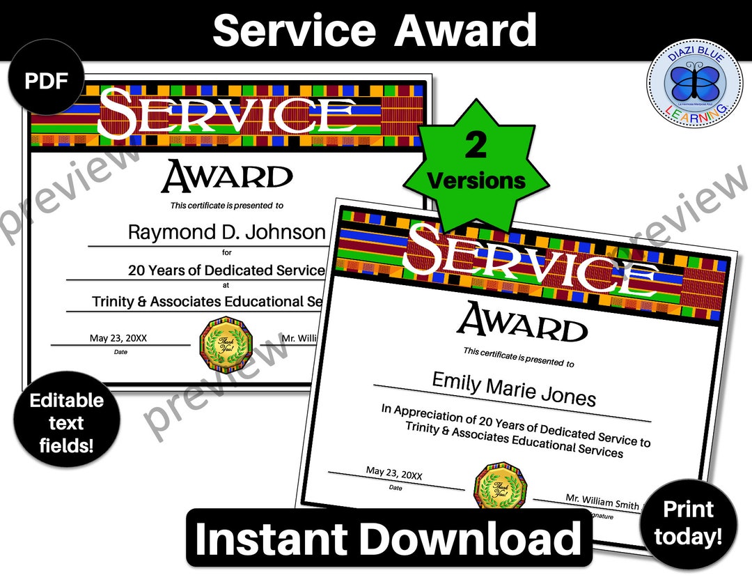 Kente Service Award With Bonus Certificate, Editable Service Award ...
