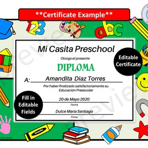 Spanish Preschool Diploma, Diploma Preescolar, Editable Spanish Diploma ...