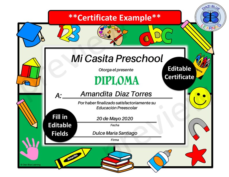 Spanish Preschool Diploma, Diploma Preescolar, Editable Spanish Diploma ...
