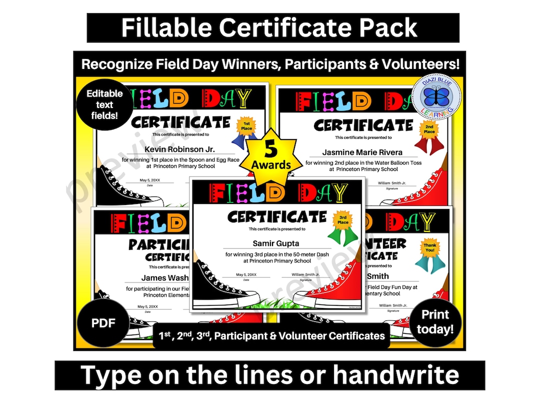 Field Day Award Set #3, Editable Field Day Certificate PDF, Field Day ...