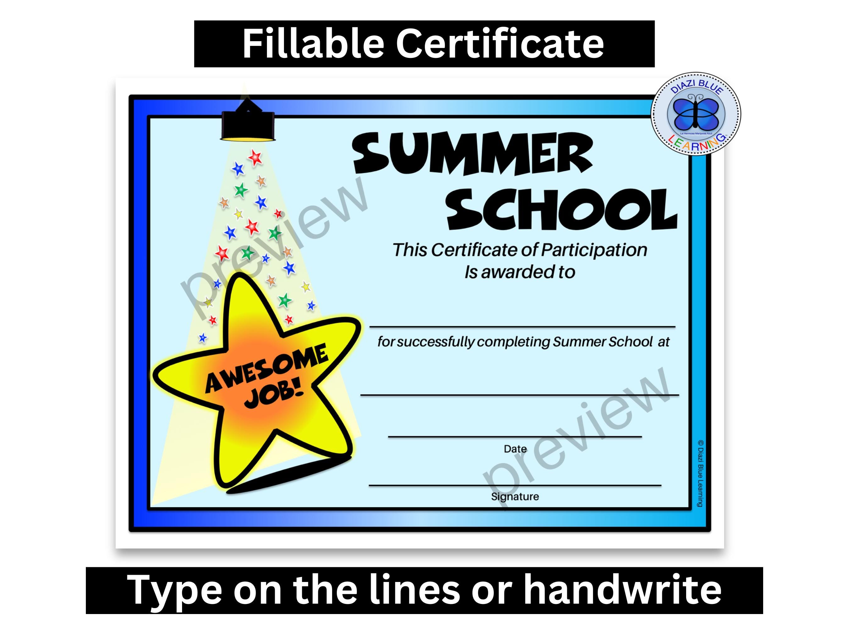 Summer School Certificate, Editable Summer School Certificate ...