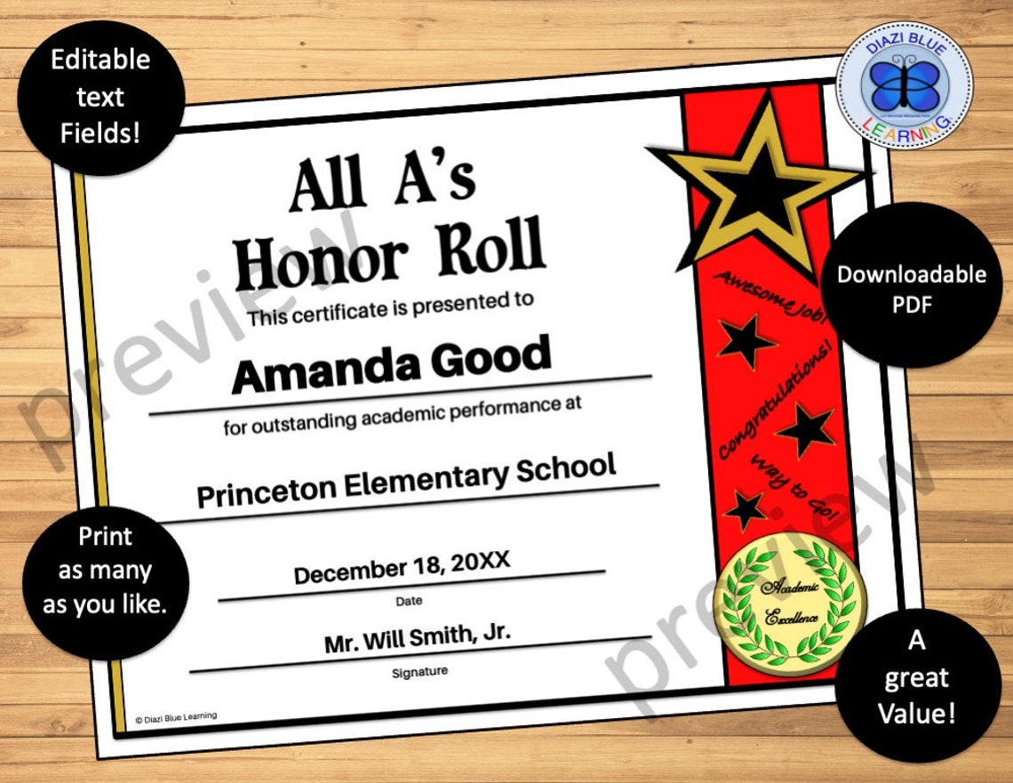 Honor Roll Certificates, 7 Pack Star Honor Roll Certificates, Fillable ...
