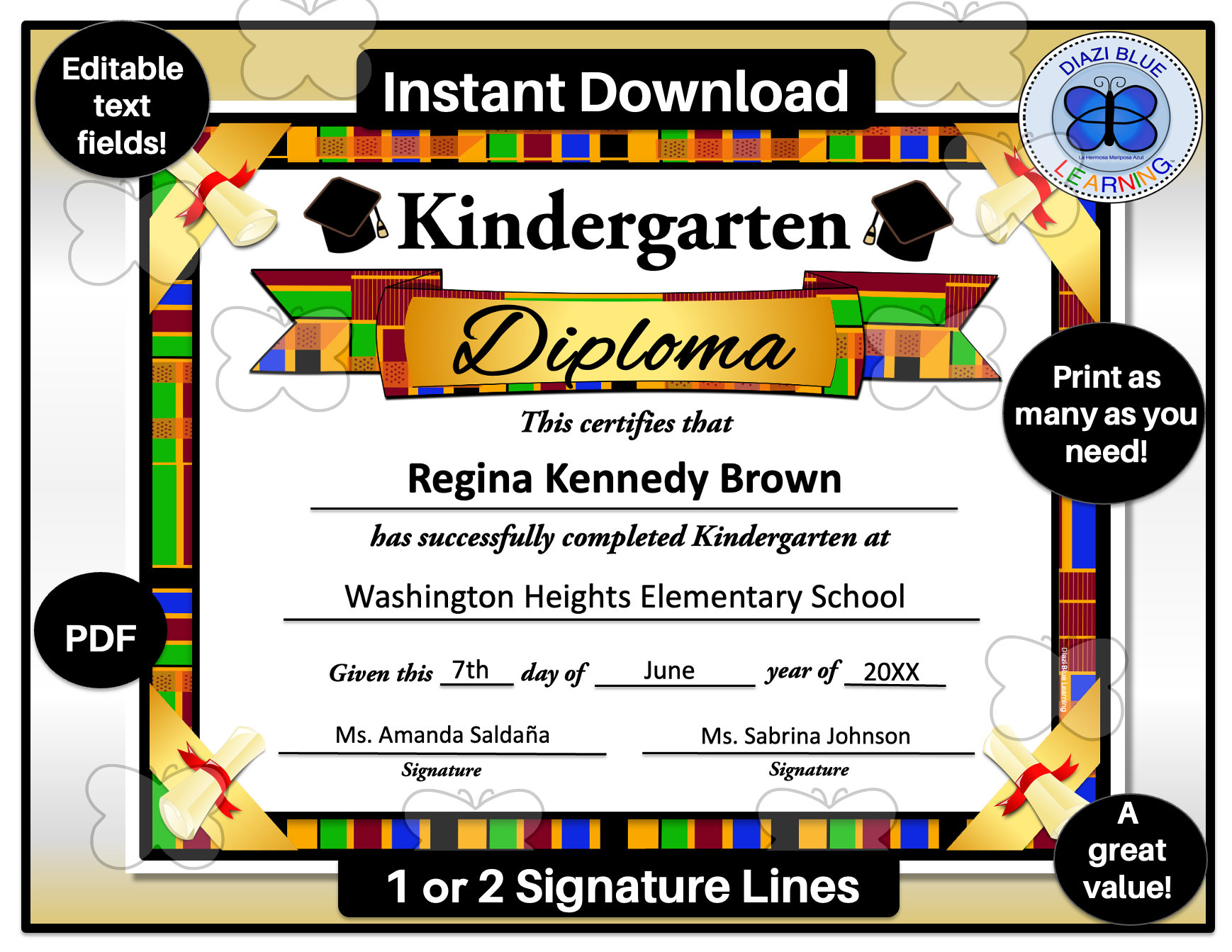 Kindergarten Graduation Diploma, Kente Editable Kinder Diploma, 1 or 2 ...
