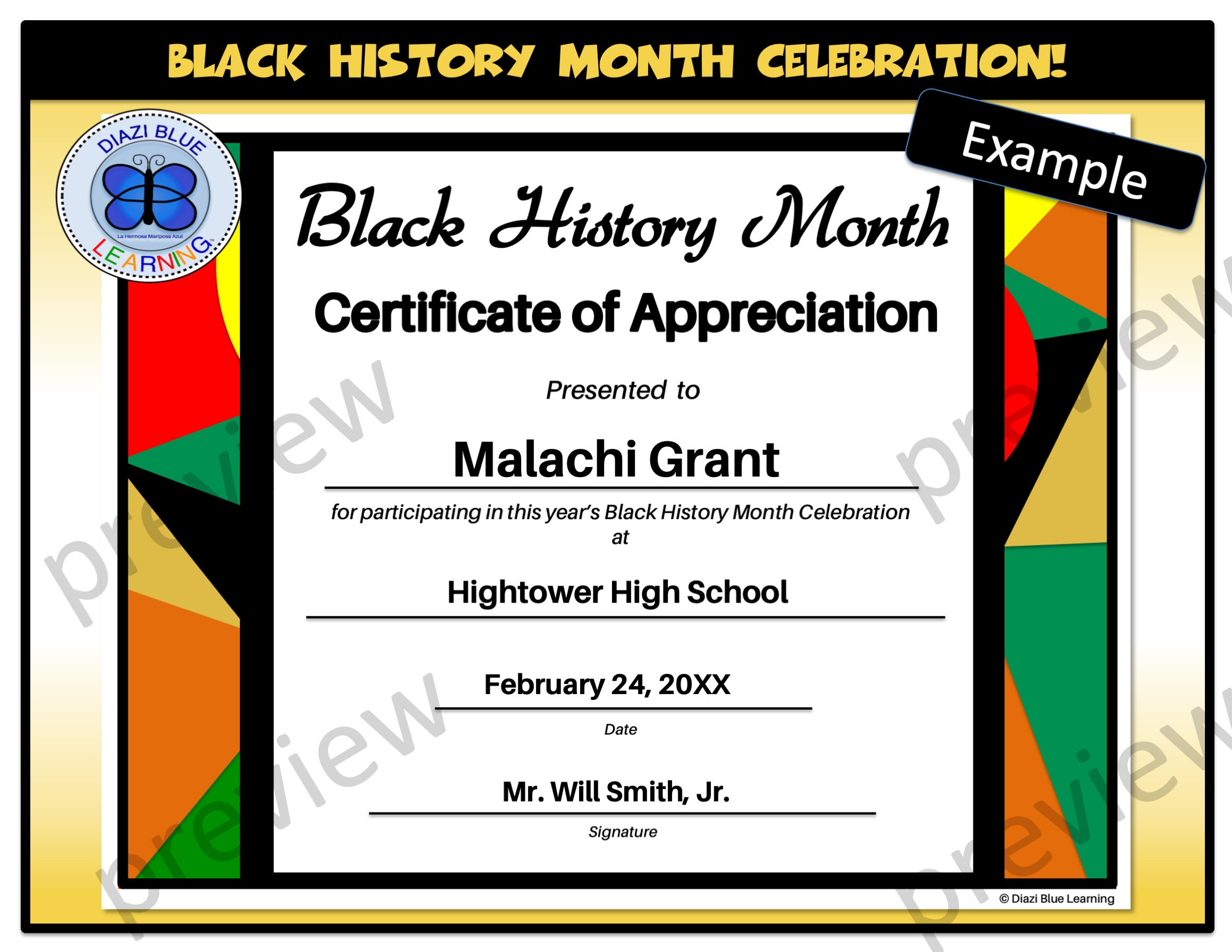 Black History Month Certificate of Appreciation, Editable Black History ...