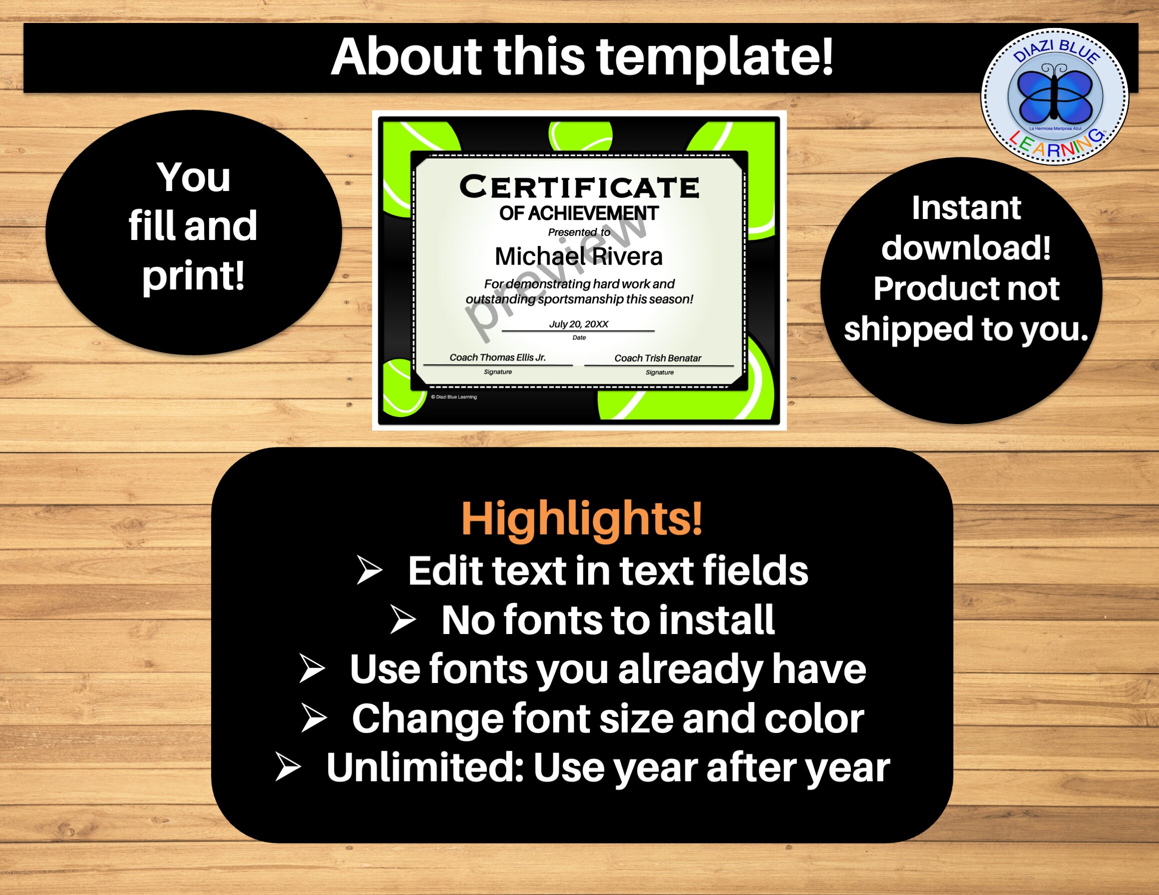 Editable Tennis Certificate, Tennis Certificate With 1 or 2 Signature ...