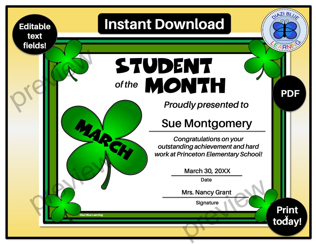 March Student of the Month Certificate, March Student of the Month ...