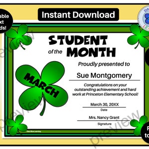 March Student of the Month Certificate, March Student of the Month ...