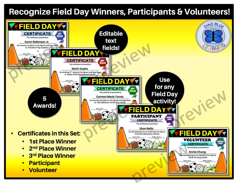 Field Day Award Set #2, Editable Field Day Certificate PDF, Field Day ...