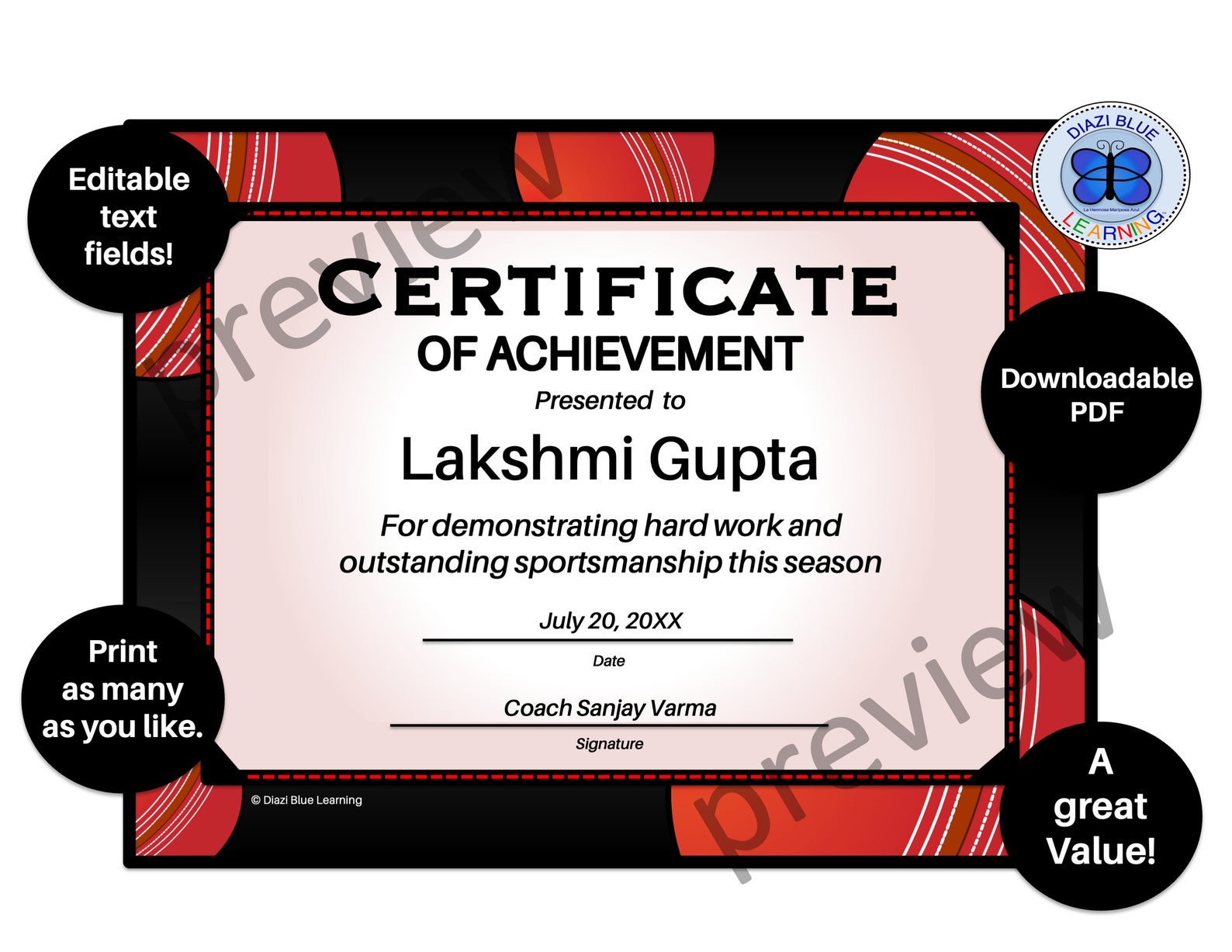Editable Cricket Certificate, Cricket Certificate With 1 or 2 Signature ...