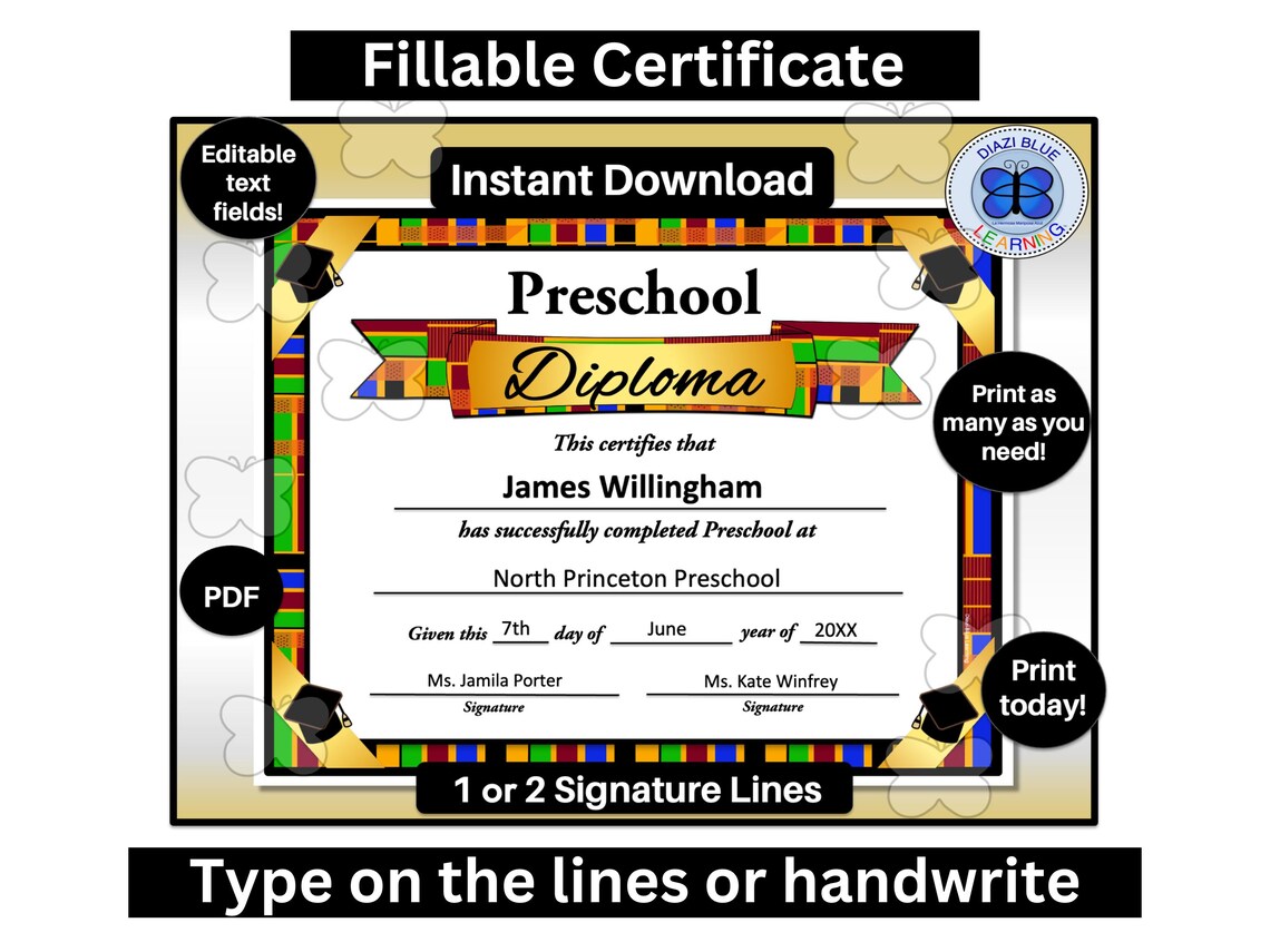Preschool Graduation Diploma, Editable Kente Preschool Diploma, 1 or 2 ...