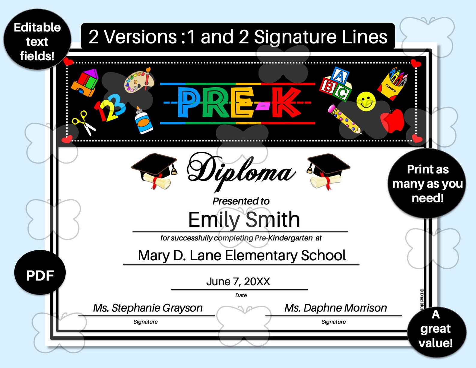 Pre-k Diploma, Pre-k Graduation Diploma, Fillable Prekindergarten ...