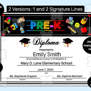 Pre-k Diploma, Pre-k Graduation Diploma, Fillable Prekindergarten ...