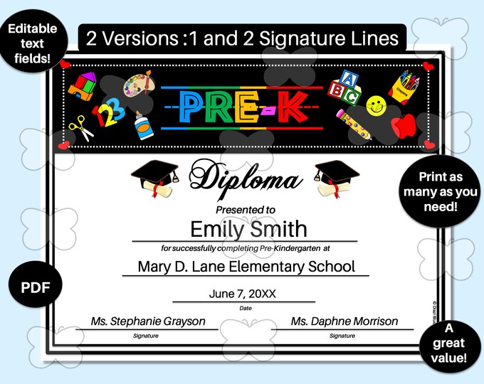 Pre-k Diploma Pre-k Graduation Diploma Fillable - Etsy