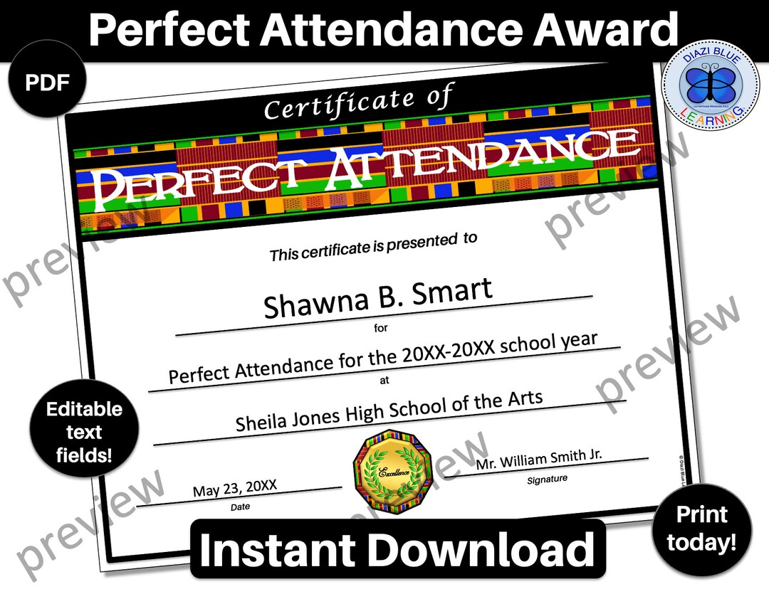 Kente Perfect Attendance Award Certificate, Editable Perfect Attendance ...