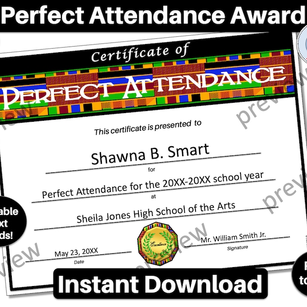 Perfect Attendance Certificates - Etsy