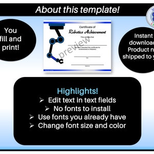 Robotics Certificates, Robotics Achievement, Editable Robotics ...