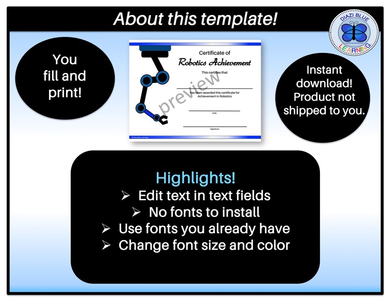 Robotics Certificates, Robotics Achievement, Editable Robotics ...