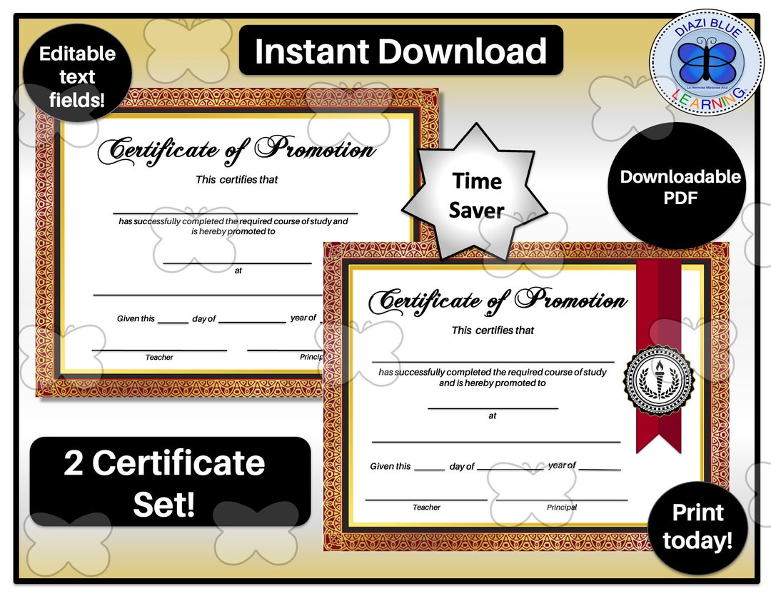 Certificate of Promotion, 2 Pack , End of Year School Award, Editable ...