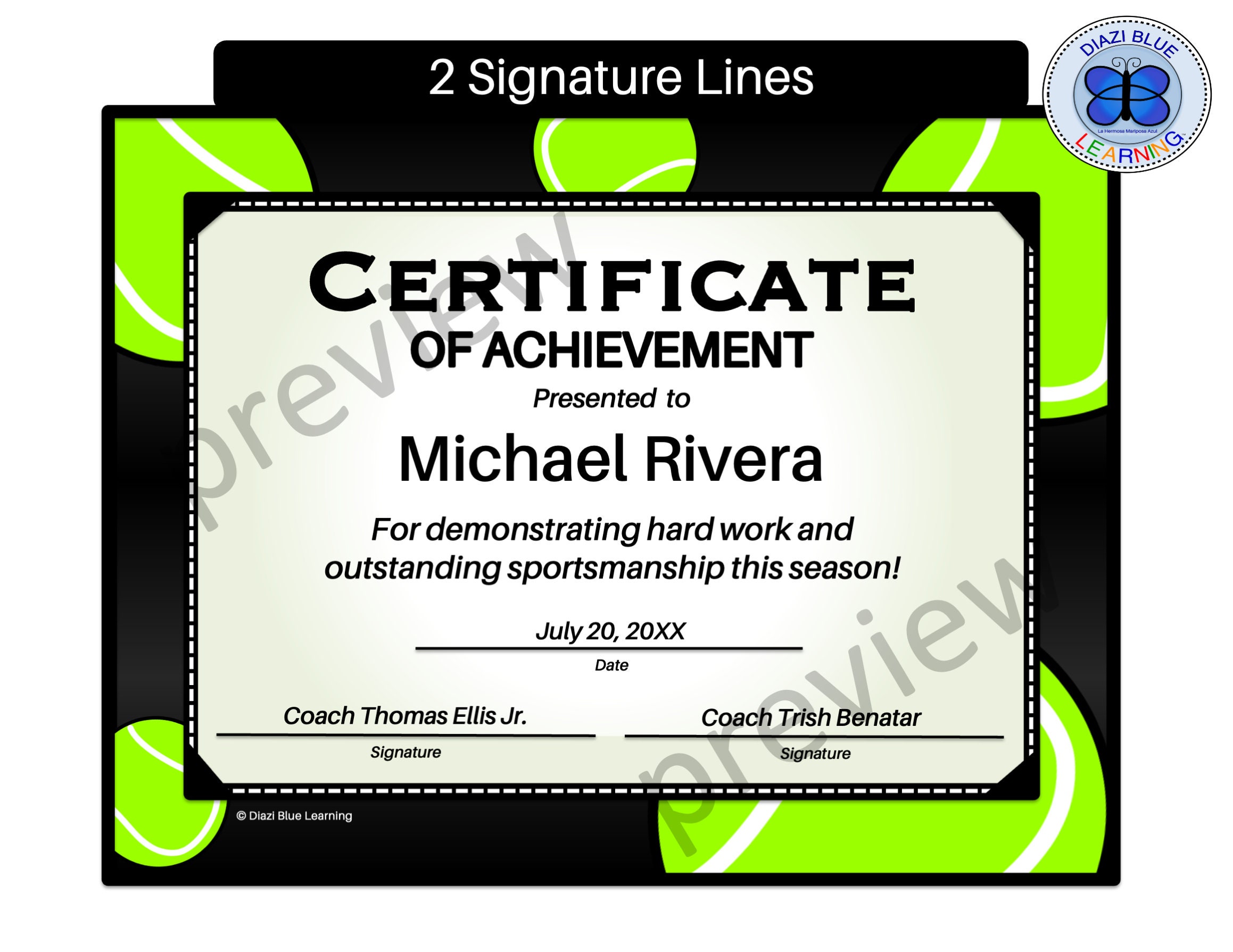 Editable Tennis Certificate, Tennis Certificate With 1 or 2 Signature ...