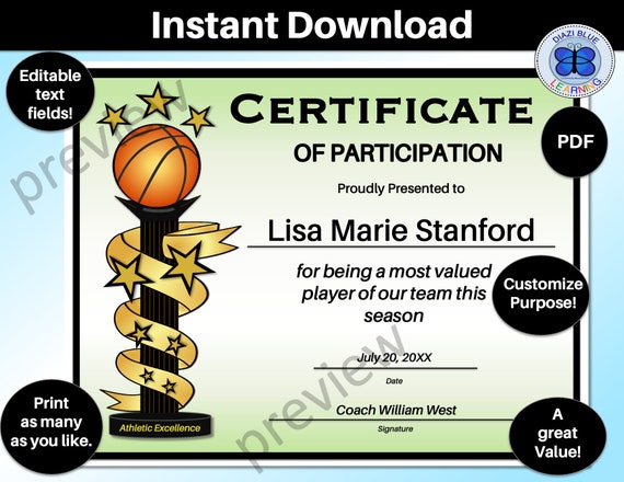 Editable Basketball Certificate PDF Basketball Certificate - Etsy