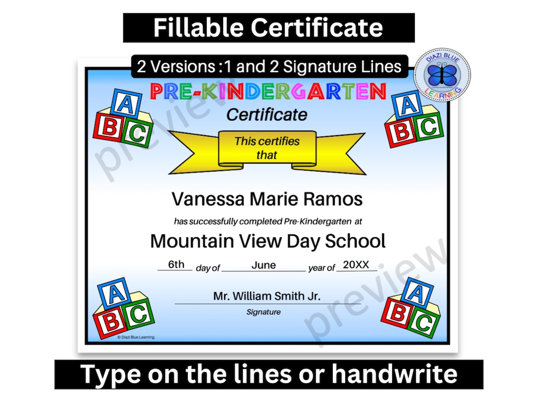 Pre-k Graduation Certificates 1 and 2 Signature Versions, Fillable Pre ...