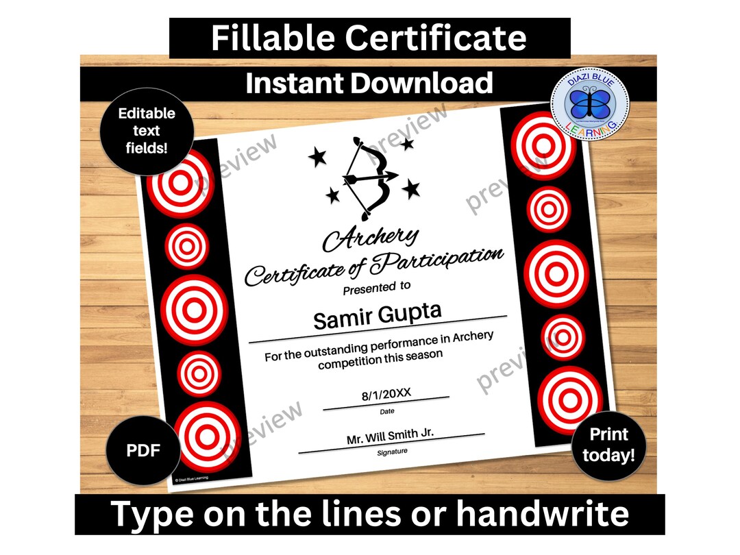 Archery Award, Editable Archery Certificate Award PDF, Archery ...