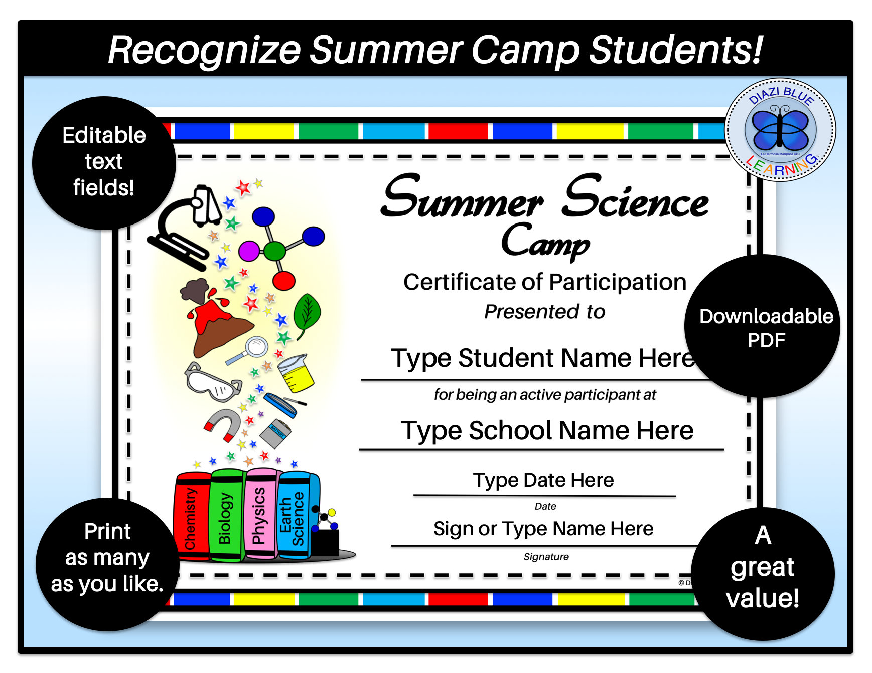 Summer Science Camp Certificates, Editable Summer Science Camp ...