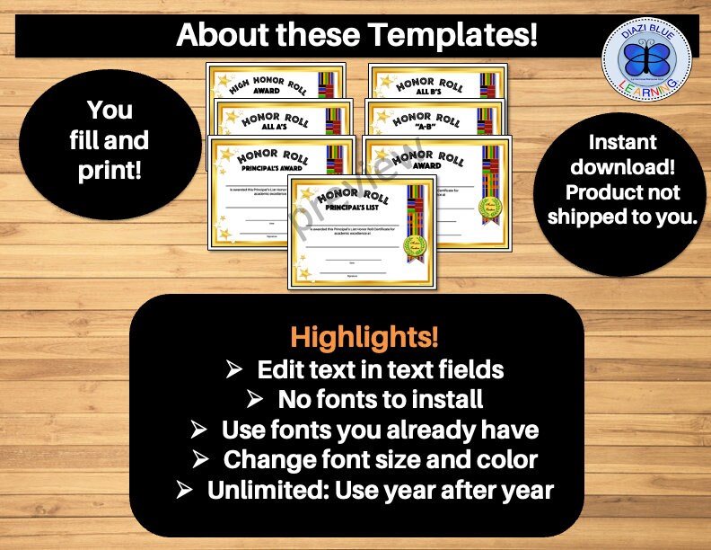 Set of 7 Kente Fillable Honor Roll PDF Certificates #2, Editable Kente ...