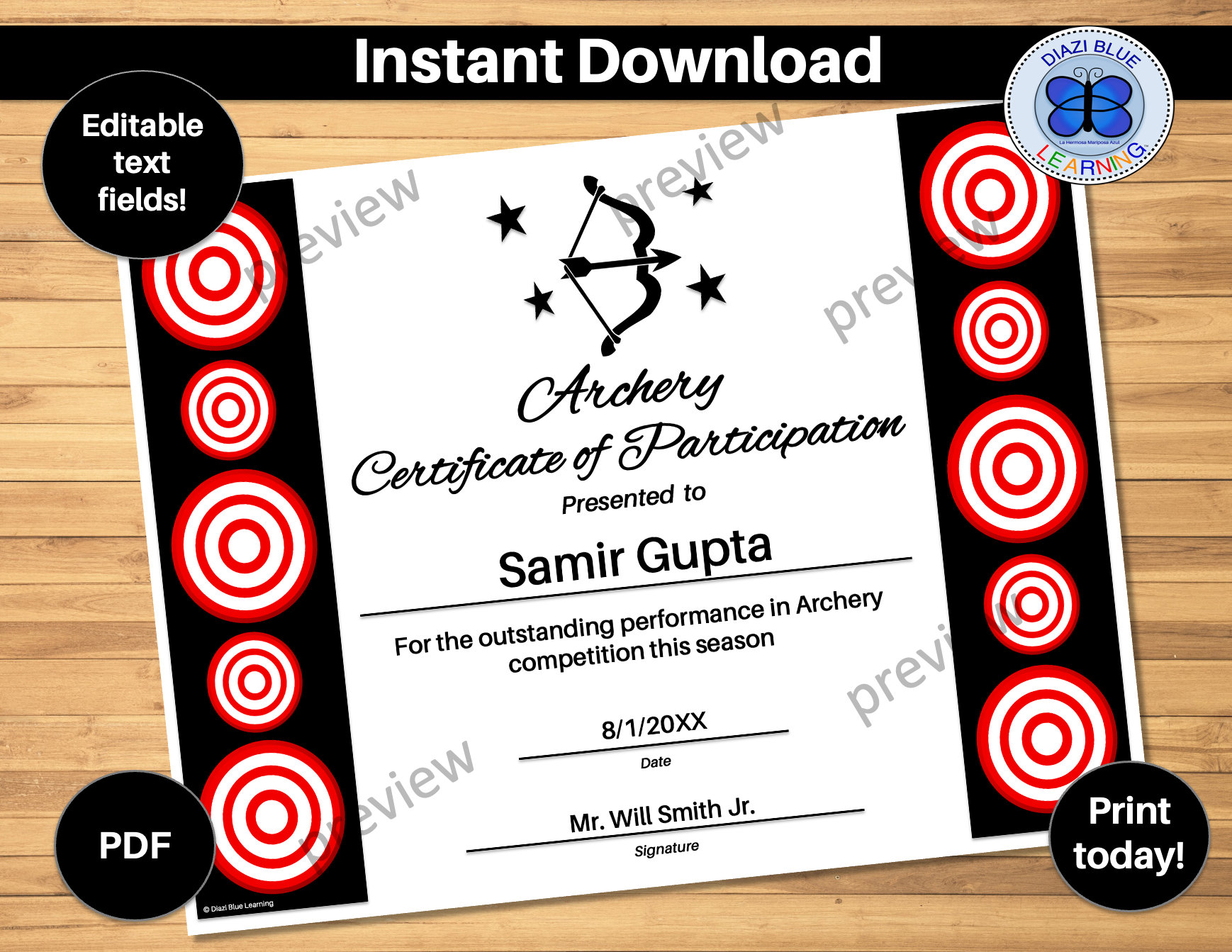 Archery Award, Editable Archery Certificate Award PDF, Archery ...