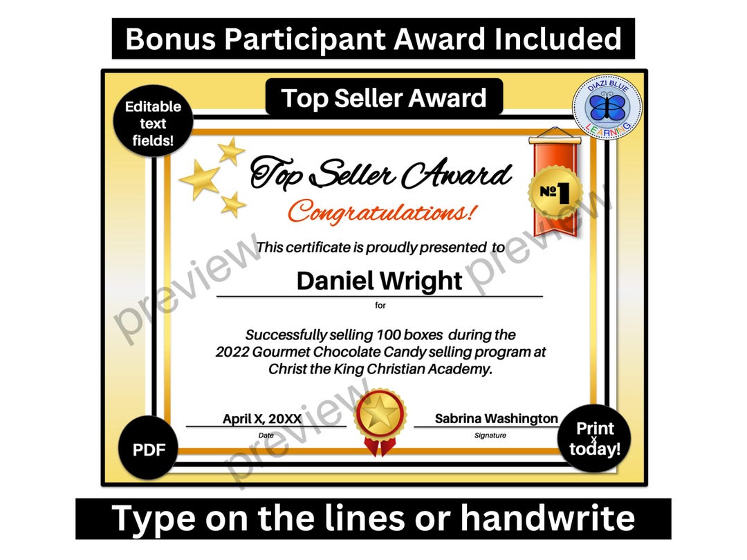Top Seller Award With Bonus Participant Award, Fundraising Certificate ...