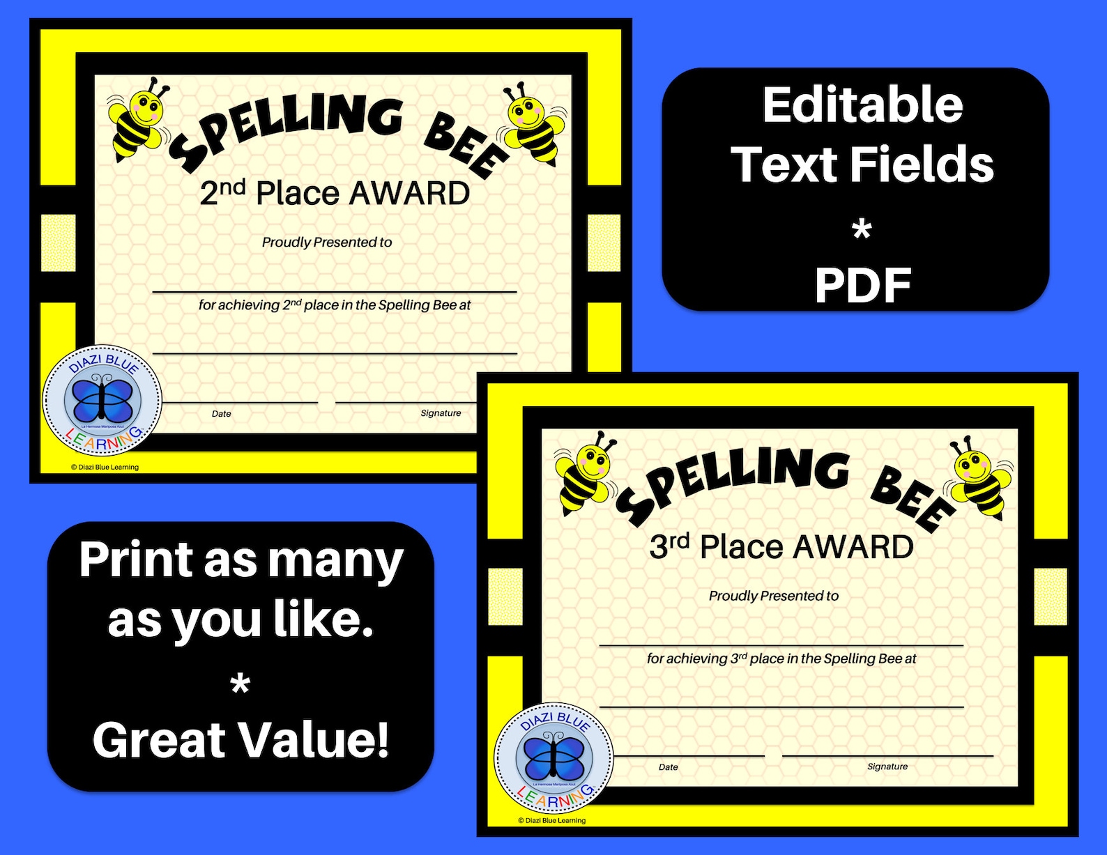 Spelling Bee Award Certificates, Spelling Bee Certificates, Editable ...