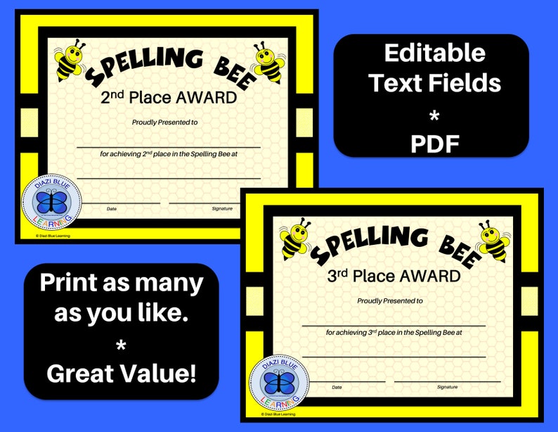 Spelling Bee Award Certificates, Spelling Bee Certificates, Editable ...