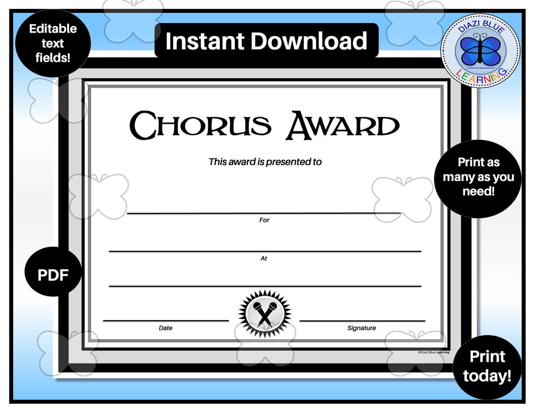 Editable Chorus Award PDF, Printable Chorus Certificate Award, End of ...