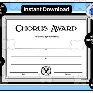 Editable Chorus Award PDF, Printable Chorus Certificate Award, End of ...