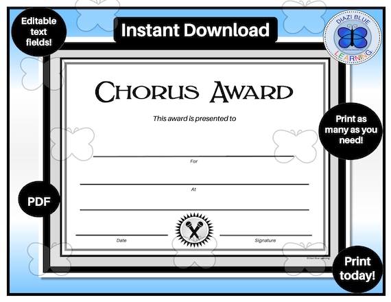 Editable Chorus Award PDF Printable Chorus Certificate Award | Etsy