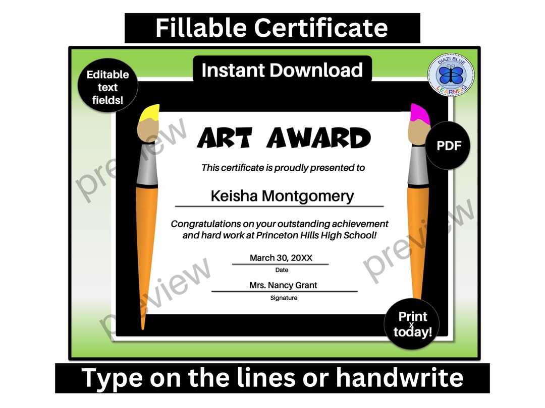 Art Certificate, PDF Art Award, Editable Art Certificate, End of Year ...