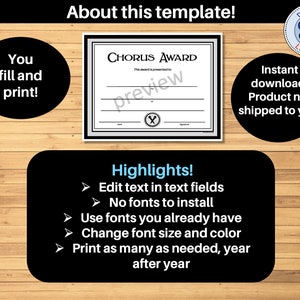 Editable Chorus Award PDF, Printable Chorus Certificate Award, End of ...