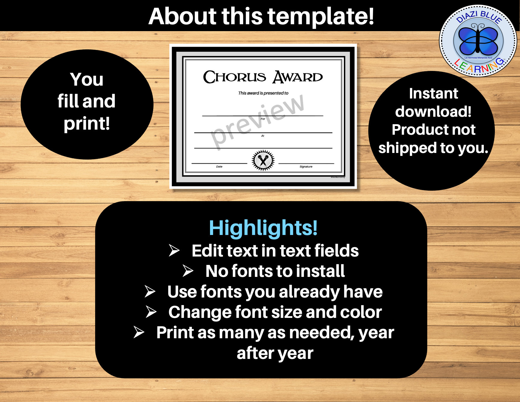 Editable Chorus Award PDF, Printable Chorus Certificate Award, End of ...