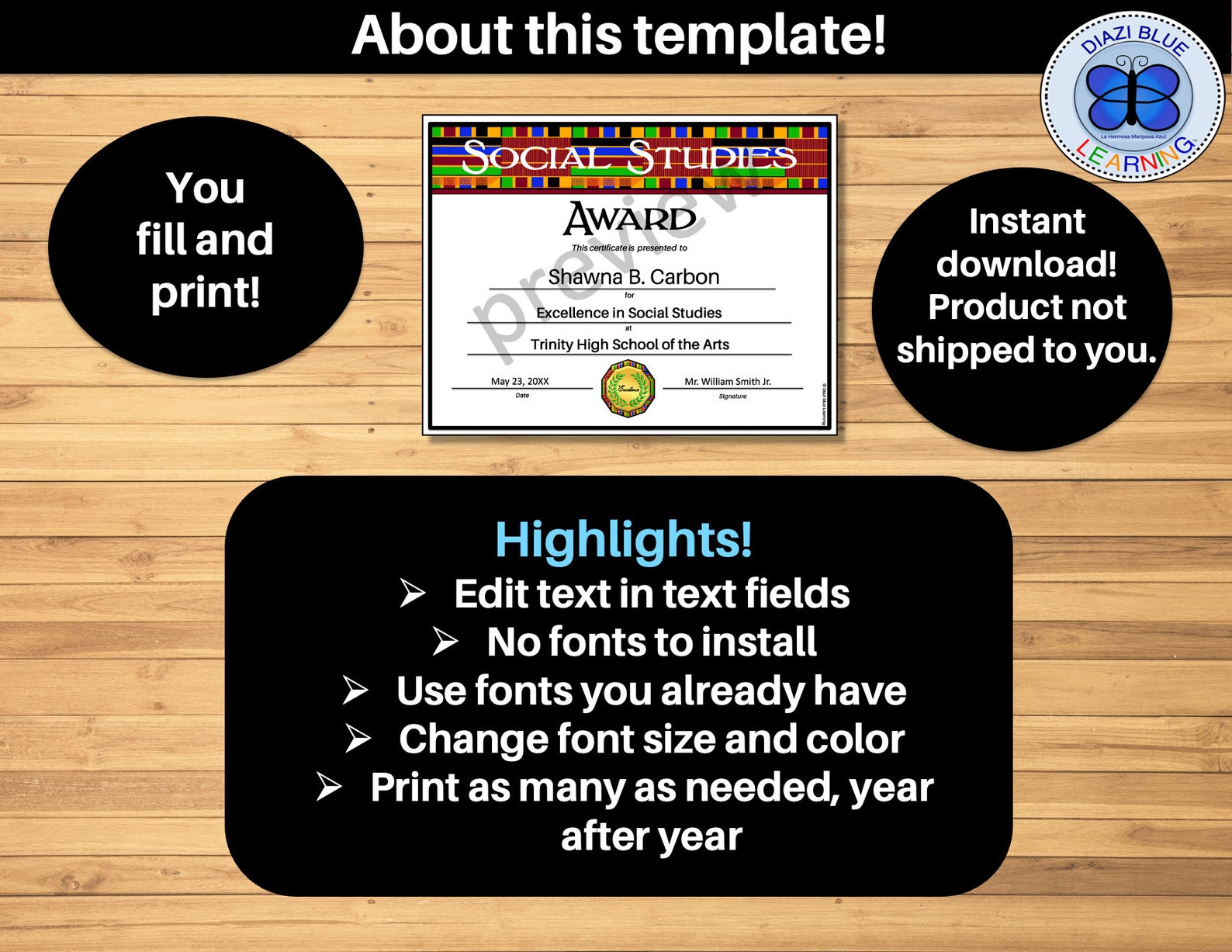 Kente Social Studies Award Certificate, Editable Social Studies ...